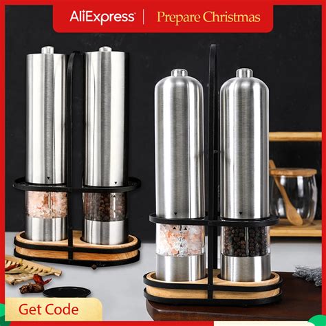 스테인레스 스틸 전기 소금 후추 분쇄기 세트 2 개 자동 허브 향신료 분쇄기 조잡한 선물 주방 가제트방앗간 Aliexpress