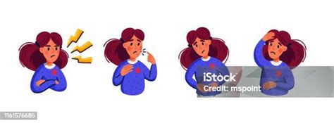 두통 등 생리 주기 동안 다양 한 증상으로 고통 받는 여자의 집합 요 통 경련 조울증 설사 우울증 여드름 Pms에서 복 부 Bloating 감정에 대한 스톡 벡터 아트 및