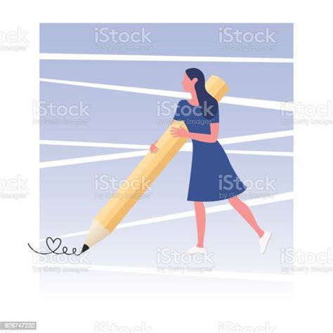 만화 여자 큰 연필 들고 고 마음에 그리기 벡터 일러스트 레이 션 개념에 대한 스톡 벡터 아트 및 기타 이미지 개념 개념과