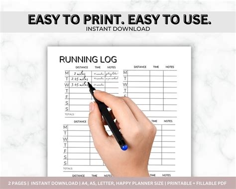 Weekly Running Log Printable Template Running Journal Cardio Etsy