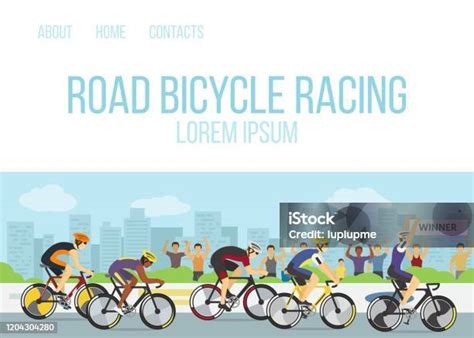도로 자전거 경주 스포츠 대회 만화 웹 템플릿 벡터 일러스트 레이션 유니폼과 헬멧을 착용하고 자전거를 타는 사이클리스트 그룹과 자전거를 손에 들고 우승자 자전거 타기에 대한
