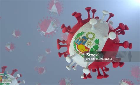 페루 국기 인쇄 델타 람다 플러스 변형 3d 렌더와 페루 플래그 코로나 바이러스의 패턴과 코비드19 바이러스 페루에 대한 스톡