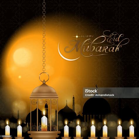 초승달과 모스크가 있는 이드 무바라크 이슬람 서예 디자인 라마단 카림 배너 또는 사우디아라비아와 무슬림을 위한 3d 랜턴 라이트 배경이 있는 초대장 카드 벡터 인사말 카드