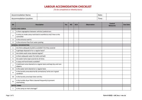 Labor Accommodation Checklist Form Hseq Lac Rev 2docx