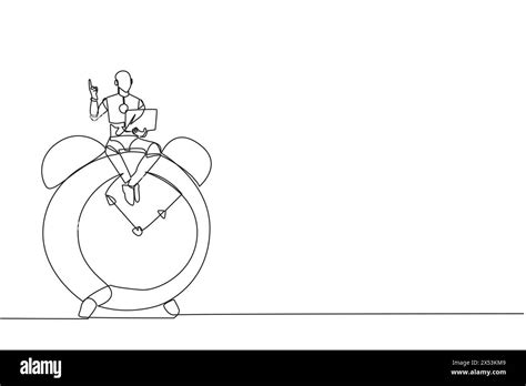 Single Continuous Line Drawing Robotic Artificial Intelligence Sitting On Giant Alarm Clock