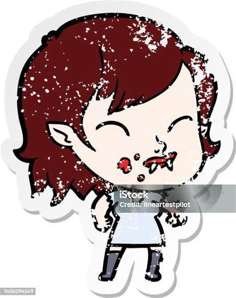뺨에 피가 묻은 만화 뱀파이어 소녀의 고민 스티커 낙서 드로잉에 대한 스톡 벡터 아트 및 기타 이미지 낙서 드로잉 데칼