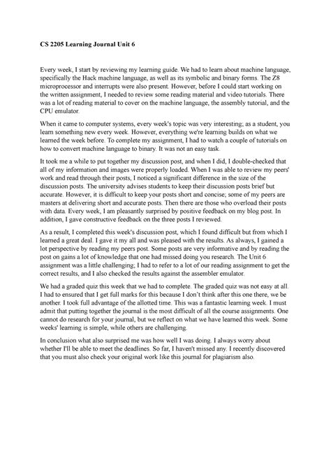 Cs 1104 Learning Journal Unit 6 Cs 2205 Learning Journal Unit 6 Every Week I Start By