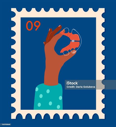 중괄호 또는 치열 교정 보유자를 들고 있는 여성의 손 빈티지 복고풍 우표 구강 관리 및 일상 물린 보정 치과 의사의 국제 날