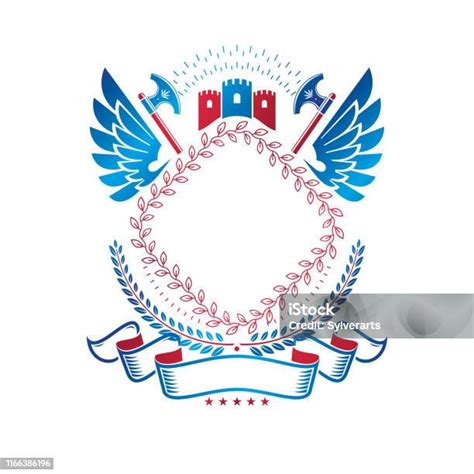 독수리 날개와 도끼와 고대 요새 엠블럼 팔의 헤럴드 코트 역사적인 타워와 장식 리본을 사용하여 만든 빈티지 벡터 기호 개념에 대한 스톡 벡터 아트 및 기타 이미지 Istock