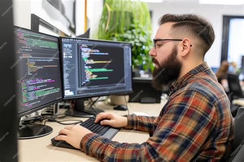 Premium Photo Bearded Programmer Engaged In Coding Session