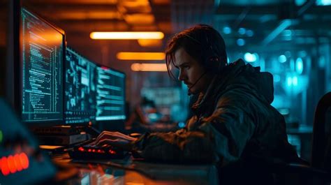 Focused Programmer Working In Dimly Lit Tech Environment Premium Ai Generated Image