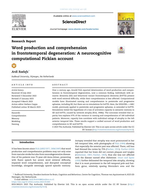Pdf Word Production And Comprehension In Frontotemporal Degeneration A Neurocognitive