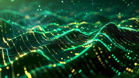 Digital Technology Wave With Glowing Green Particles Abstract Data Stream Visualization