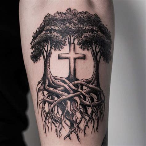Realistic Cross And Tree Root Arm Tattoo Freelancer