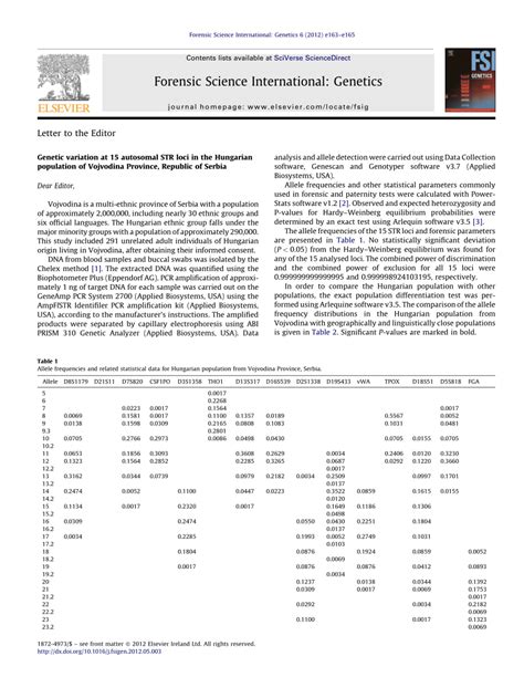 Pdf Genetic Variation At 15 Autosomal Str Loci In The Hungarian Population Of Vojvodina