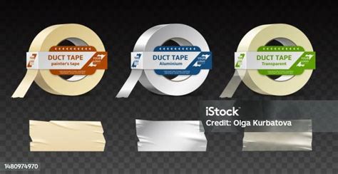 테이프 포장 디자인 다양한 색상 황금색과 은색의 자체 접착 장착 테이프의 사실적인 접착 롤 재료 투명도 옵션 빈 깨끗한 3d 요소 완전한 벡터 세트 0명에 대한 스톡 벡터