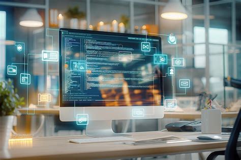 Premium Photo Developers Desk With Coding Screen Digital Interface Icons Modern Workspace
