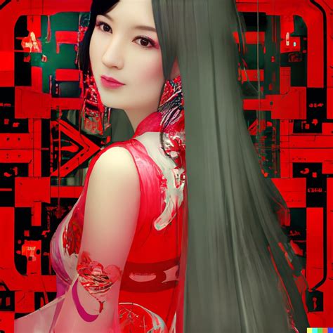 Japanese Femme Fatale In A Red Traditional Dress With Long Hair 1