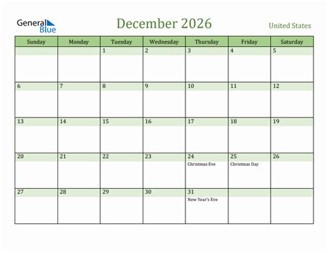 Fillable Holiday Calendar For United States December 2026