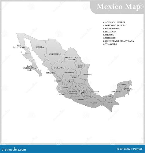 The Detailed Map Of The Mexico With Regions Stock Vector Illustration