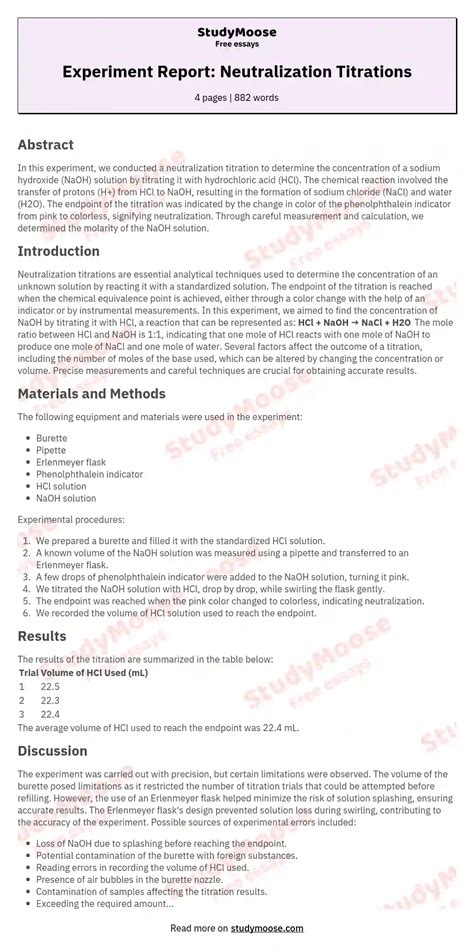 Experiment Report Neutralization Titrations Studymoose