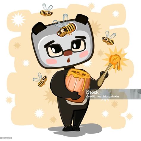 만화 테디 팬더 곰 달콤한 치아와 꿀 꿀벌들 사이에서 순진한 아기 인쇄를위한 평면 스타일의 재미있는 어린이 삽화 추상적 인 흰색 배경에 고립 된 객체 벡터 0명에 대한 스톡