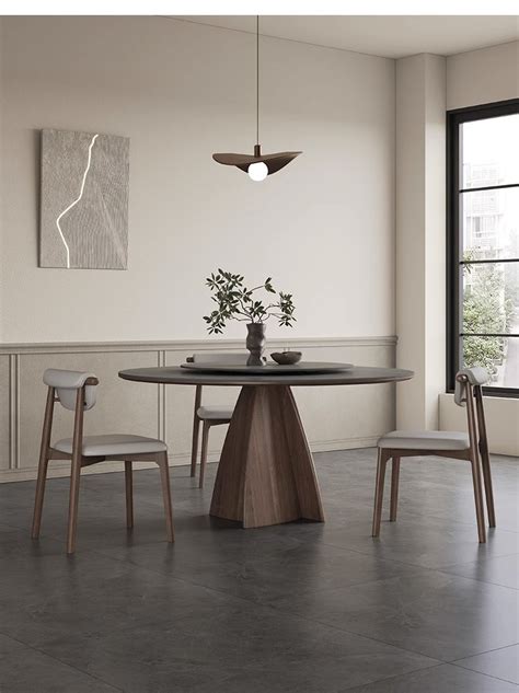 餐桌 北歐餐桌 客廳餐桌 飯桌 餐桌椅 桌子 大理石餐桌 實木餐桌圓形帶轉盤傢用新款衚桃木色侘寂風現代簡約啞光巖闆圓桌 蝦皮購物