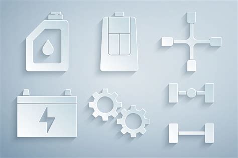 기어 휠 렌치 자동차 배터리 섀시 자동차 리모컨이 있는 키 및 모터 오일 아이콘용 용기를 설정합니다 벡터 3차원 형태에 대한 스톡 벡터 아트 및 기타 이미지 Istock