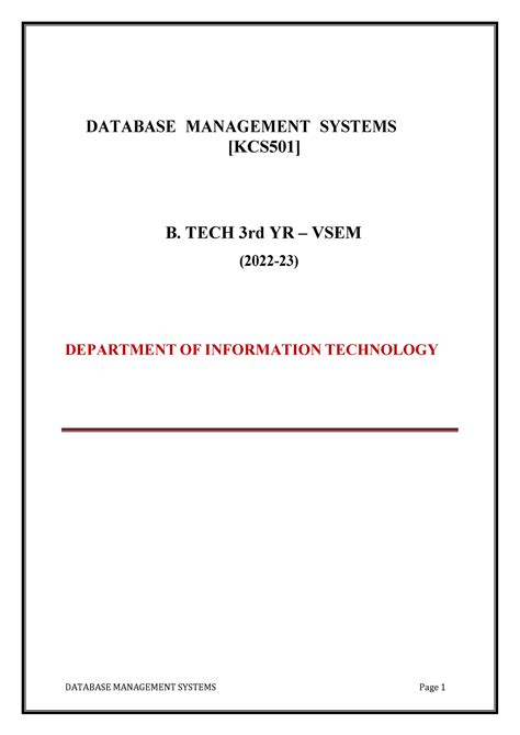 Database Management Systems Notes Database Management Systems Kcs501 B Tech 3rd Yr Vsem