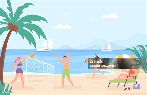 해변에 있는 사람들 휴가에 문자와 만화 바다 풍경 배구 휴식 관광 리조트에 대한 스톡 벡터 아트 및 기타 이미지 관광 리조트 관광객 남자 Istock