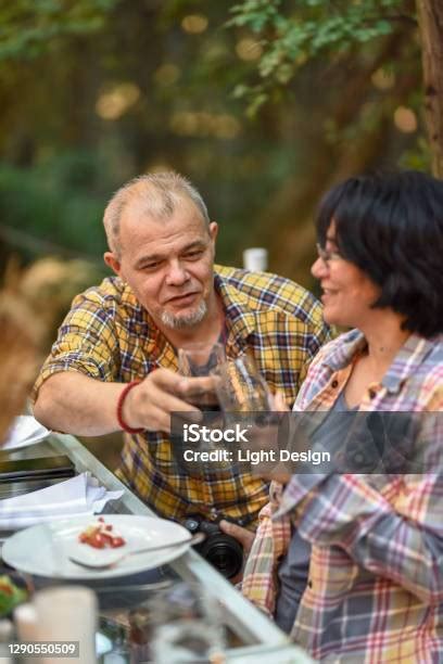 파티 도중 식탁에서 토스트하는 커플 그들은 재미와 음식과 음료를 즐기고있다 2명에 대한 스톡 사진 및 기타 이미지 2명 45 49세 50 54세 Istock