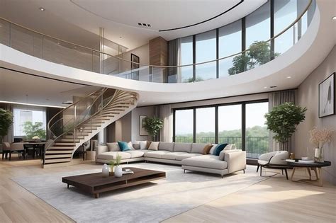 3d 렌더링3d 일러스트레이션 인테리어 장면과 모 ⁇ 메자나인 거실 곡선 유리 레일링현대 스타일 프리미엄 사진