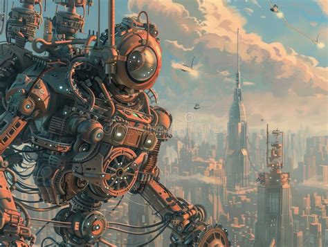 A Robotic Symphony Intricate Gears And Wires Against A City Skyline Stock Illustration