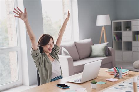 사진 행복 기쁨 여인 보조 수석 경제학자 금융가 기뻐하다 완전한 작업 작업 계약 비디오 통화 이야기 인터뷰 대상자 집 실내 갈색 머리에 대한 스톡 사진 및 기타 이미지