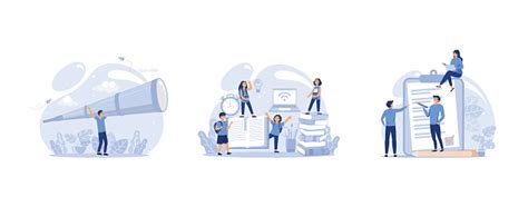 망원경을 통해 보고 아이들에게 책과 인터넷에서 배우도록 가르치고 작은 사람들이 양식을 작성하고 평면 벡터 현대 삽화를 설정합니다 교육 강좌에 대한 스톡 벡터 아트 및 기타