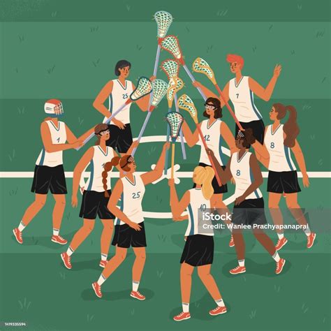 승리를 축하하는 여자 라크로스 팀 벡터 일러스트레이션 필드에서 여성 라크로스 게임 플레이어 라크로스에 대한 스톡 벡터 아트 및