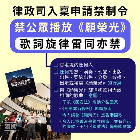 律政司入稟申請禁制令 禁公眾播放《願榮光》 歌詞旋律雷同亦禁 獨媒報導 獨立媒體