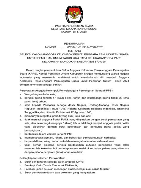 Draft Pengumuman Pendaftaran Kpps Oleh Pps Pdf