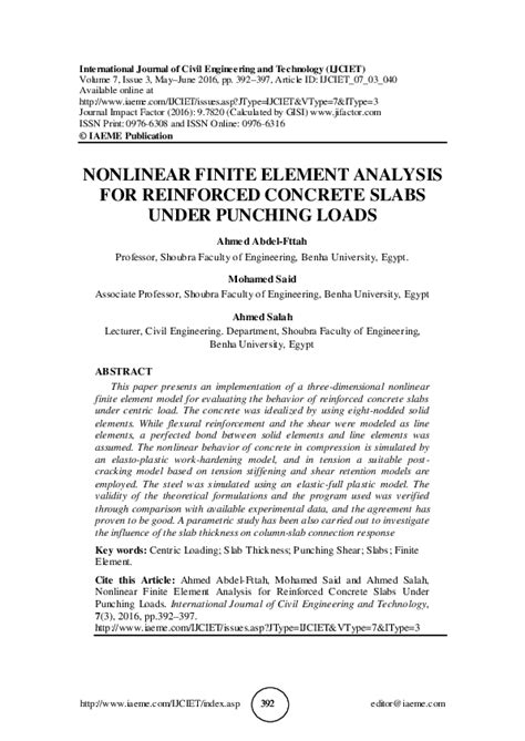 Pdf Nonlinear Finite Element Analysis For Reinforced Concrete Slabs