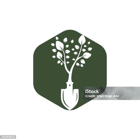การออกแบบโลโก้เวกเตอร์ต้นไม้พลั่ว เทมเพลตการออกแบบโลโก้สภาพแวดล้อมสวนสีเขียว ภาพประกอบสต็อก
