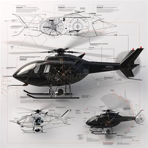 Detailed Technical Blueprint Of A Helicopter Showcasing Various Views