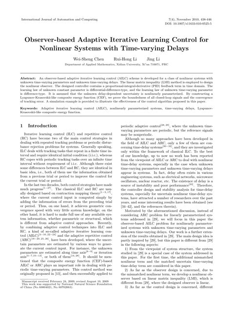 Pdf Observer Based Adaptive Iterative Learning Control For Nonlinear