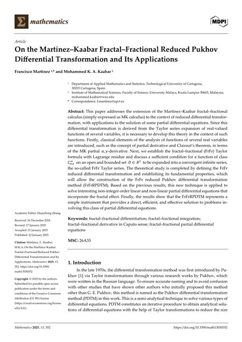 Pdf On The Martínez Kaabar Fractal Fractional Reduced Pukhov Differential Transformation And