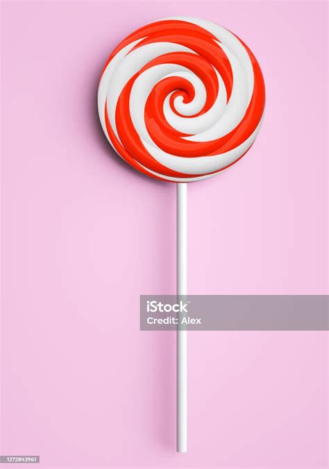 분홍색 배경에 플랫 누워 빨간색과 흰색 롤리팝 달콤한 사탕 개념 3d 렌더링 및 3d 그림 롤리팝에 대한 스톡 사진 및 기타