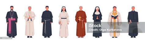 카톨릭 교회 캐릭터 기독교 방향 종교 예복을 입은 사람들 다른 교회 계급 승려와 성직자 고전 예복을 입은 남자 만화 평면 고립 된 Nowaday 벡터 세트 사제에 대한 스톡