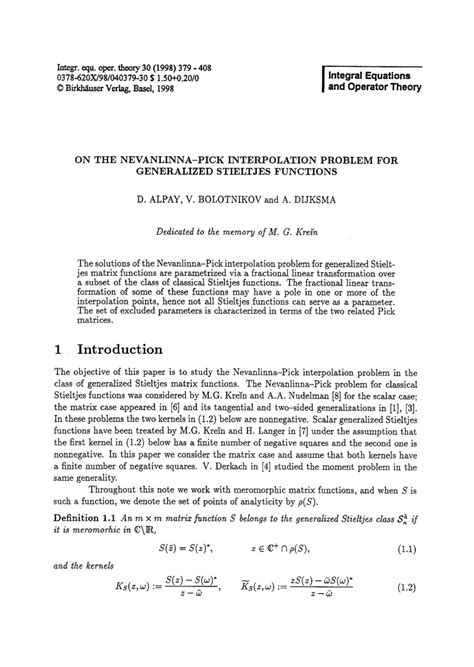 Pdf On The Nevanlinna Pick Interpolation Problem For Generalized Stieltjes Functions