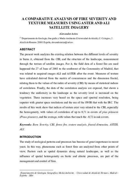 Pdf A Comparative Analysis Of Fire Severity And Texture Measures Using Aster And Ali Satellite