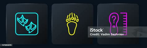 세트 라인 갈매기 발 발자국 정사각형 측정 크기 및 곰 블랙 스퀘어 버튼 벡터 건강관리와 의술에 대한 스톡 벡터 아트 및 기타 이미지 건강관리와 의술 검은색 고무도장