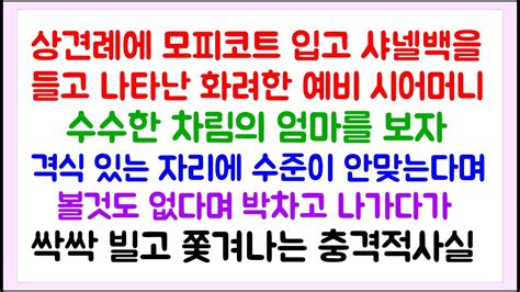 상견례에 모피코트를 입고 샤넬백을 들고 나타난 화려한 예비 시어머니가 수수한 차림새의 엄마를 보자 격식 있는 자리에 수준이 안맞다며 볼것도 없다더니 라디오드라마