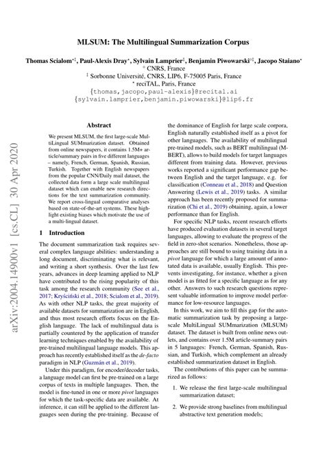 Pdf Mlsum The Multilingual Summarization Corpus